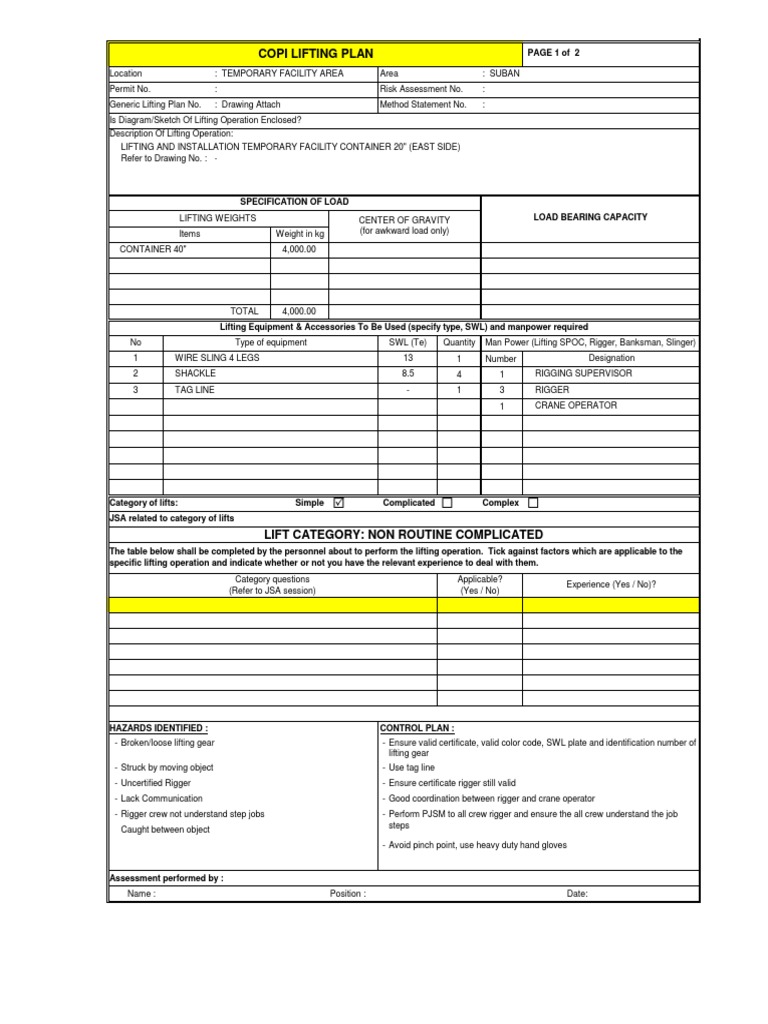 Lifting Plan Template - Portacamp Container 20'' (East Side 1) | PDF ...