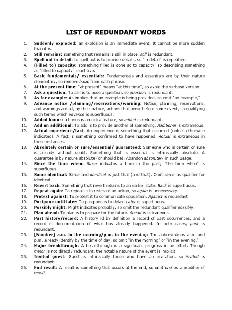 List of Redundant Words | Question | Grammar