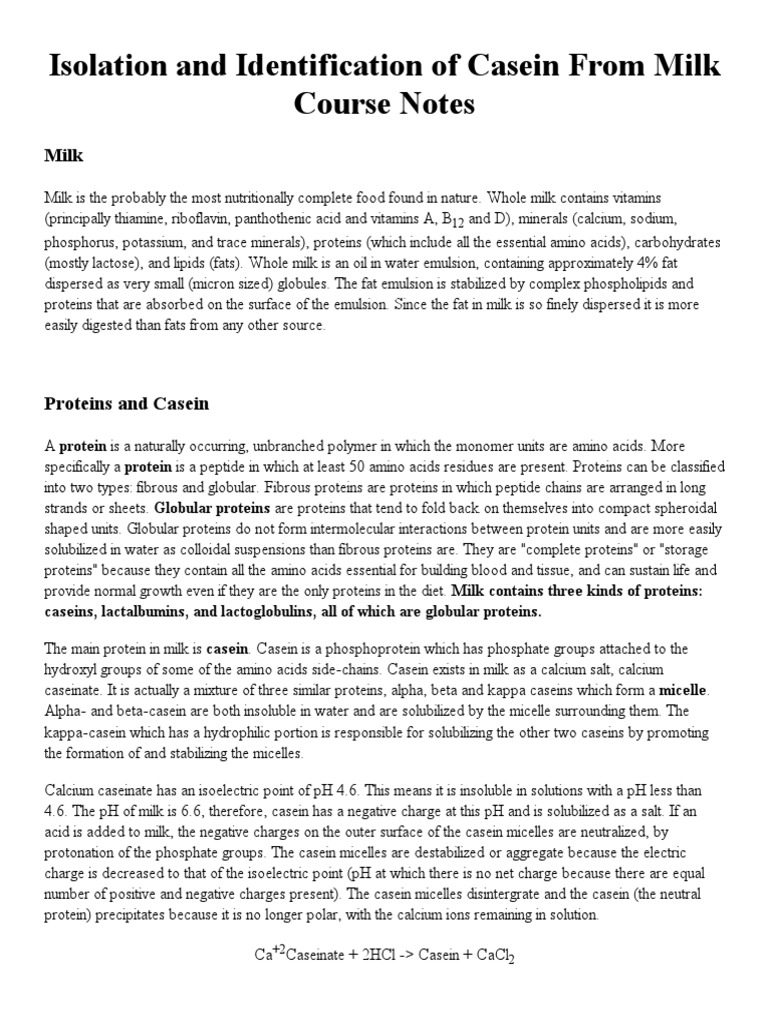 Isolation and Identification of Casein From Milk Course Notes | PDF ...