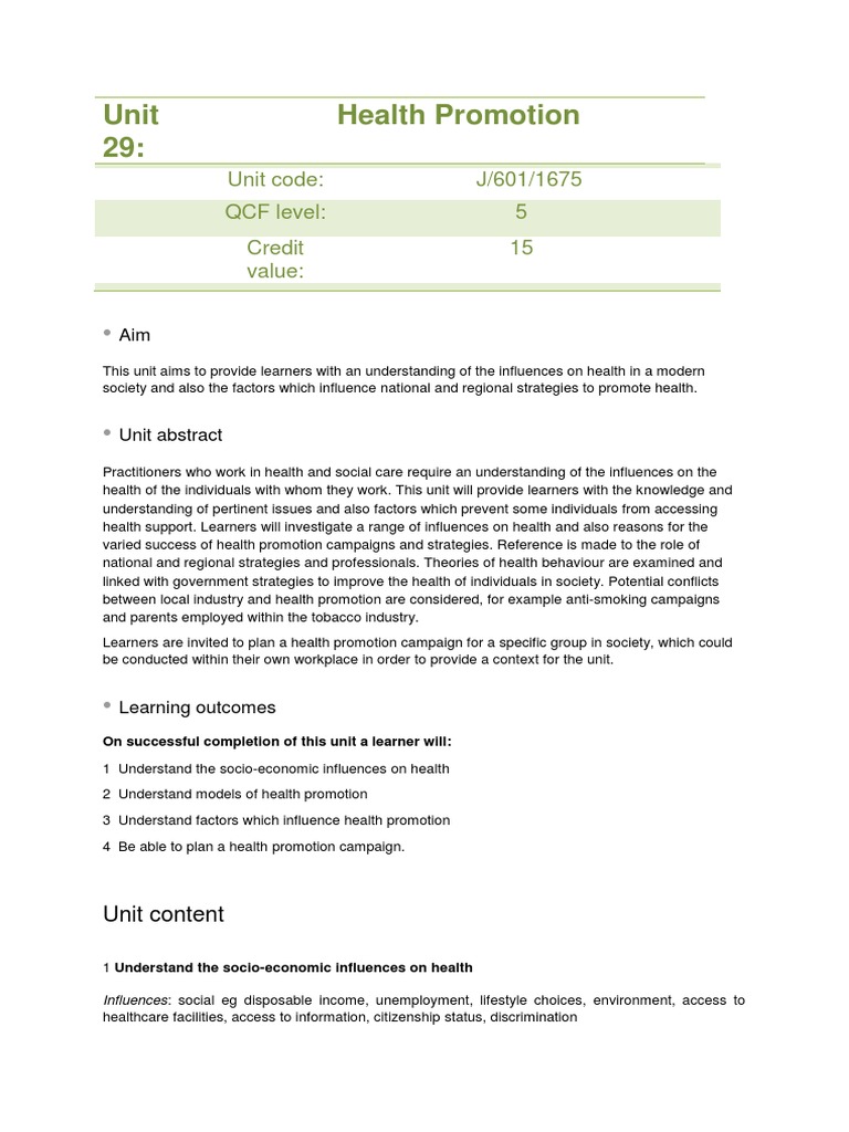 Unit 29 Health Promotion | PDF | Health Promotion | Social Work