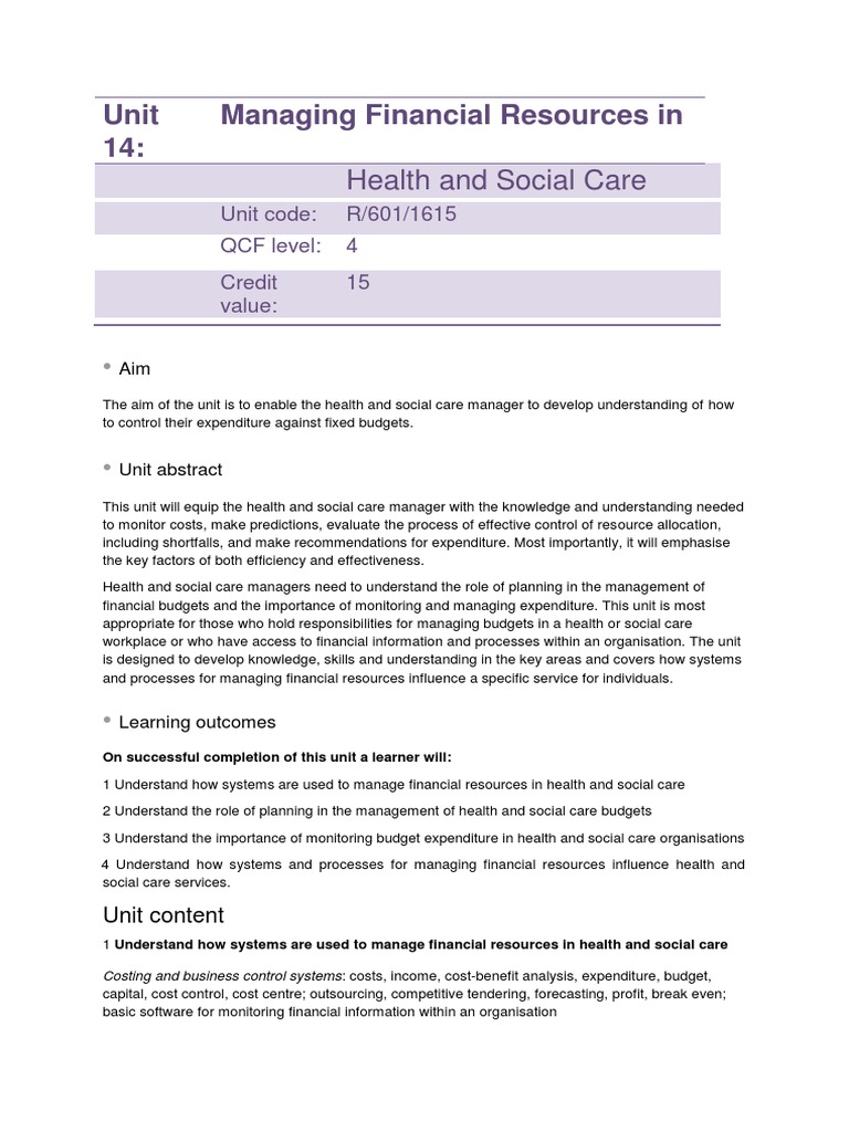 UNIT 14 Managing Financial Resources in Health and Social Care | PDF ...