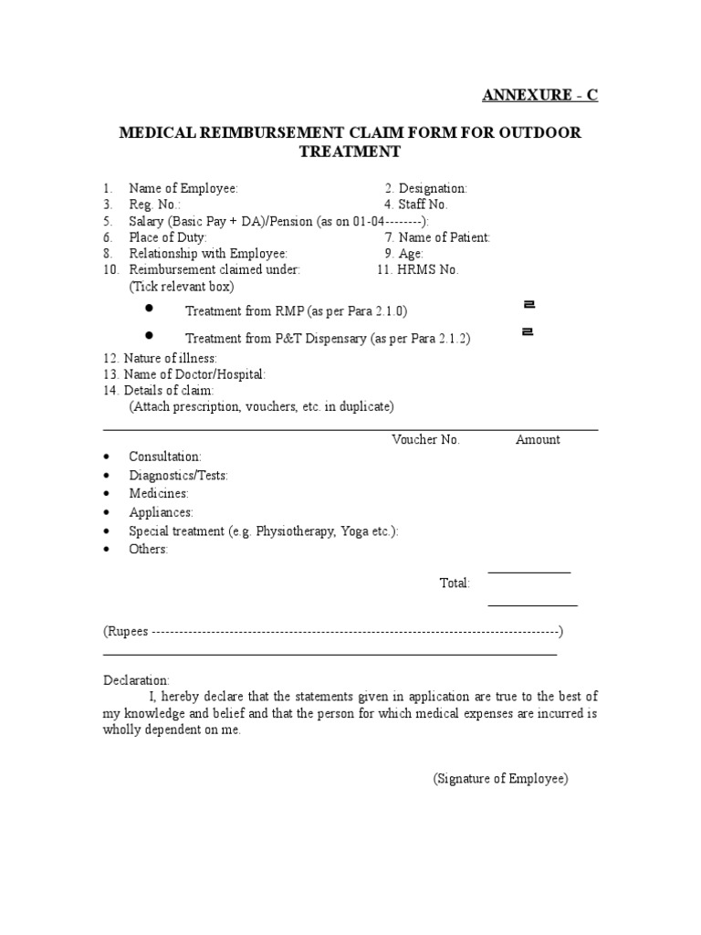 Annexure - C Medical Reimbursement Claim Form For Outdoor Treatment | PDF