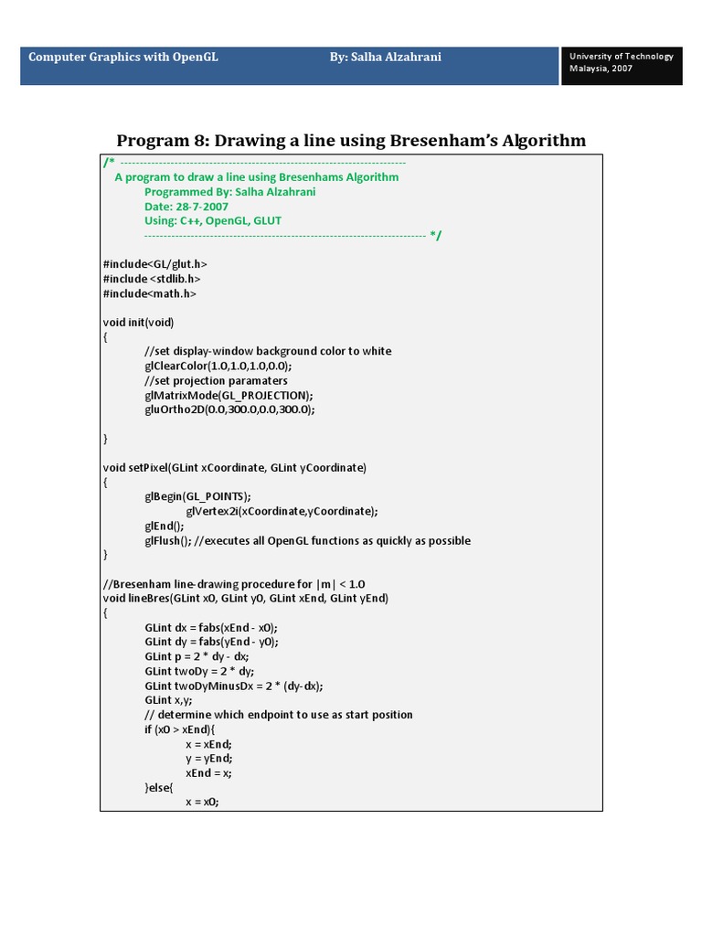 Program 8: Drawing A Line Using Bresenham's Algorithm | PDF | Computers ...