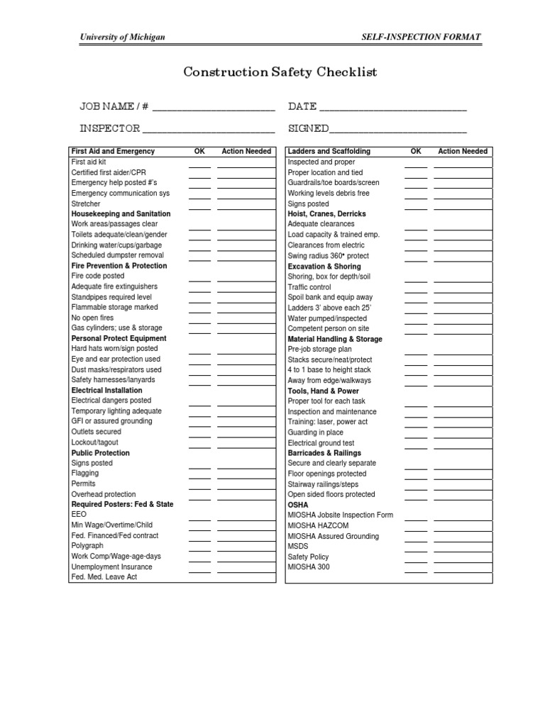Construction Safety Self-Inspection Checklist | PDF | Safety | Nature