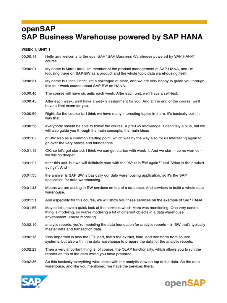 OpenSAP Bwhana1 Week 1 Transcript | PDF | Data Warehouse | Databases