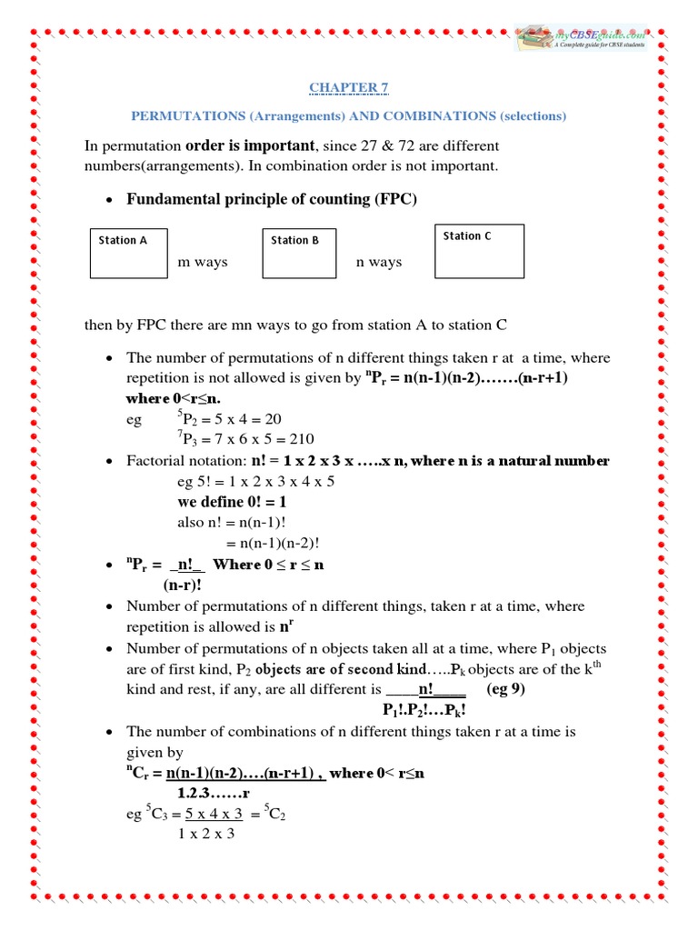 11 Maths Notes 07 Permutations and Combinations | PDF | Teaching ...