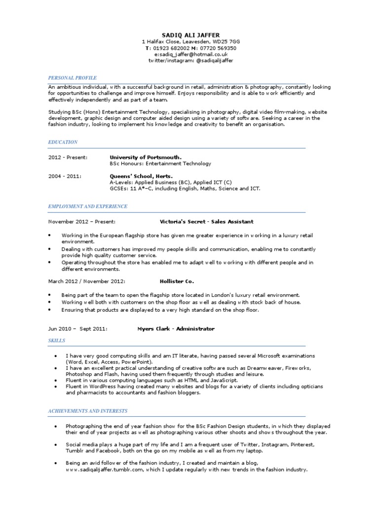 Personal Profile: Sadiq Ali Jaffer | PDF | Retail | Fashion