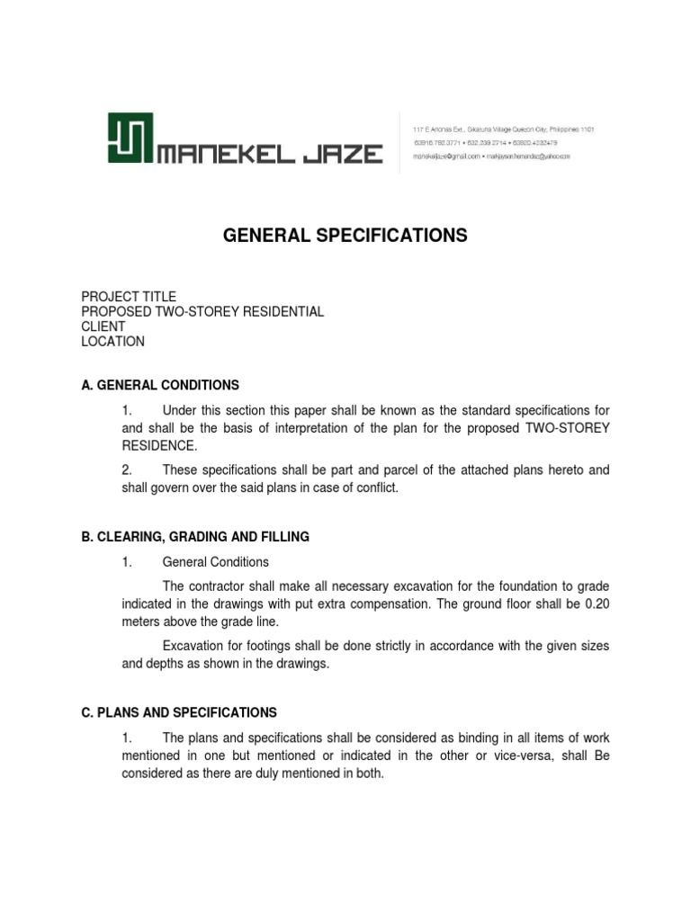 Two Storey General Specifications | PDF | Door | Concrete