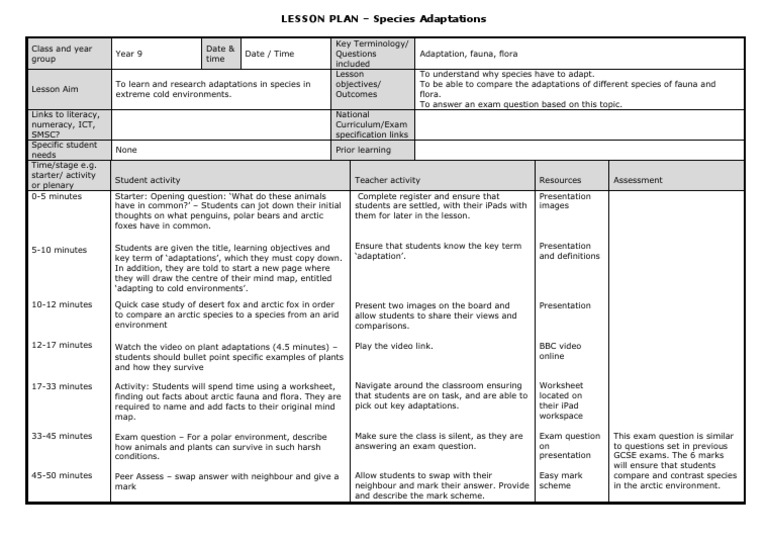 Animal and Plant Adaptations - Lesson Plan | PDF | Adaptation | Test ...