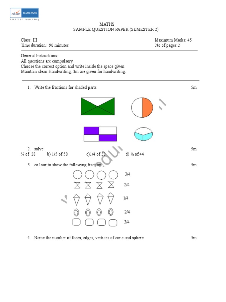 Class 3 ICSE Maths Sample Paper Term 2 Model 1 | PDF