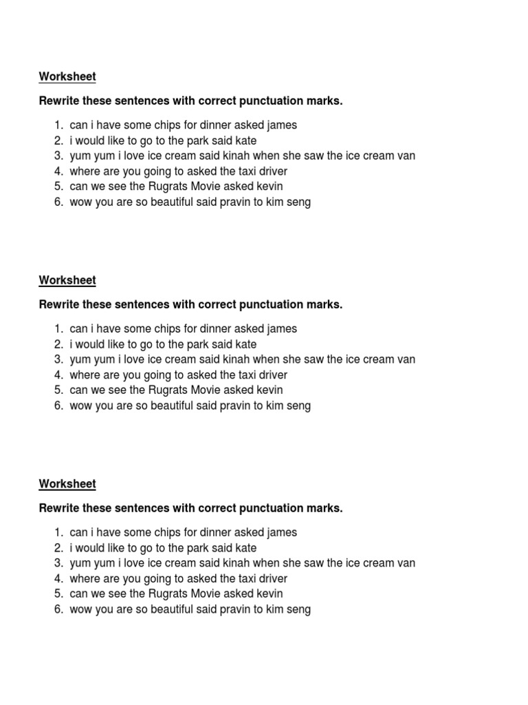 Worksheet Rewrite These Sentences With Correct Punctuation Marks | PDF