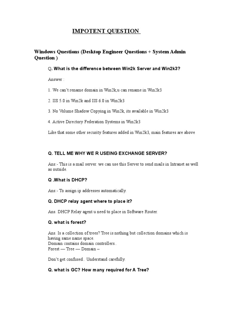 Windows Questions Desktop Engineer Questions System Admin | PDF ...