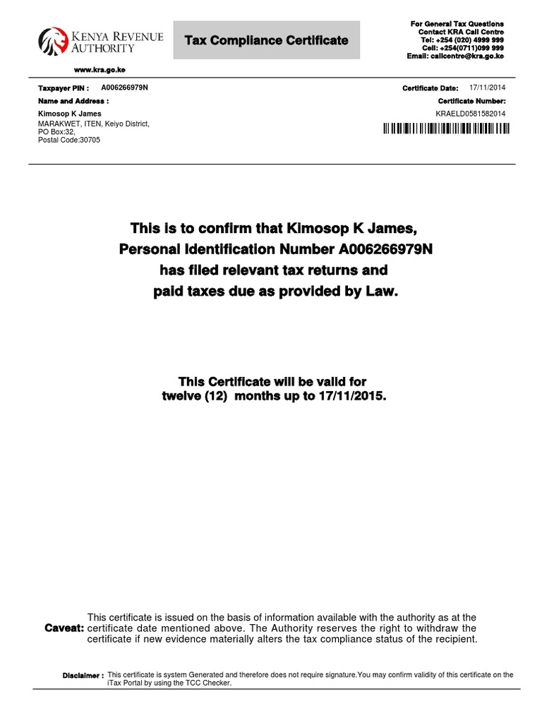 Tax Compliance Certificate | PDF