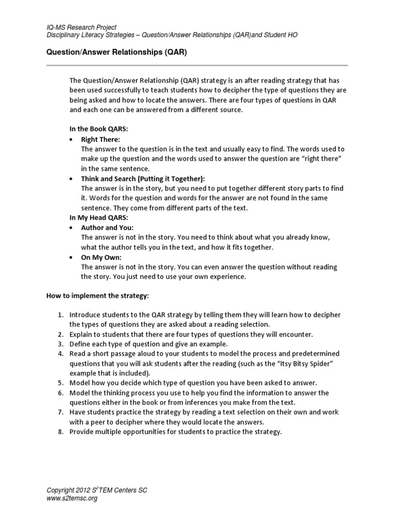 Question Answer Relationship Strategy | PDF | Question | Reading ...