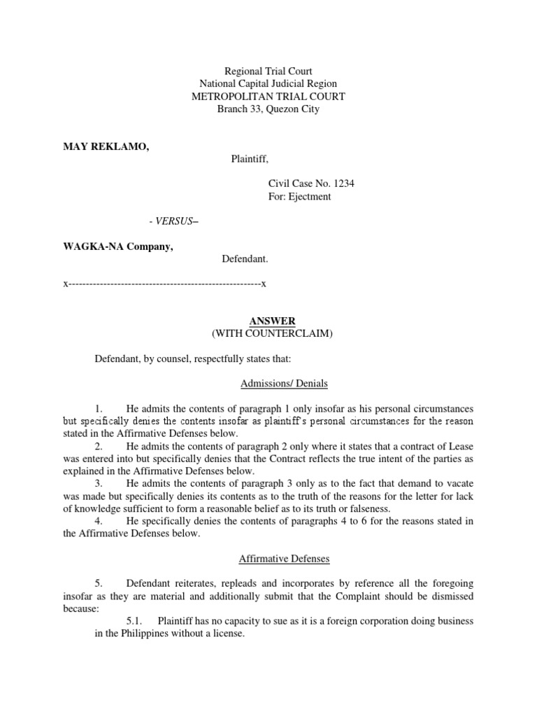 Answer Sample Form | PDF | Lawsuit | Complaint