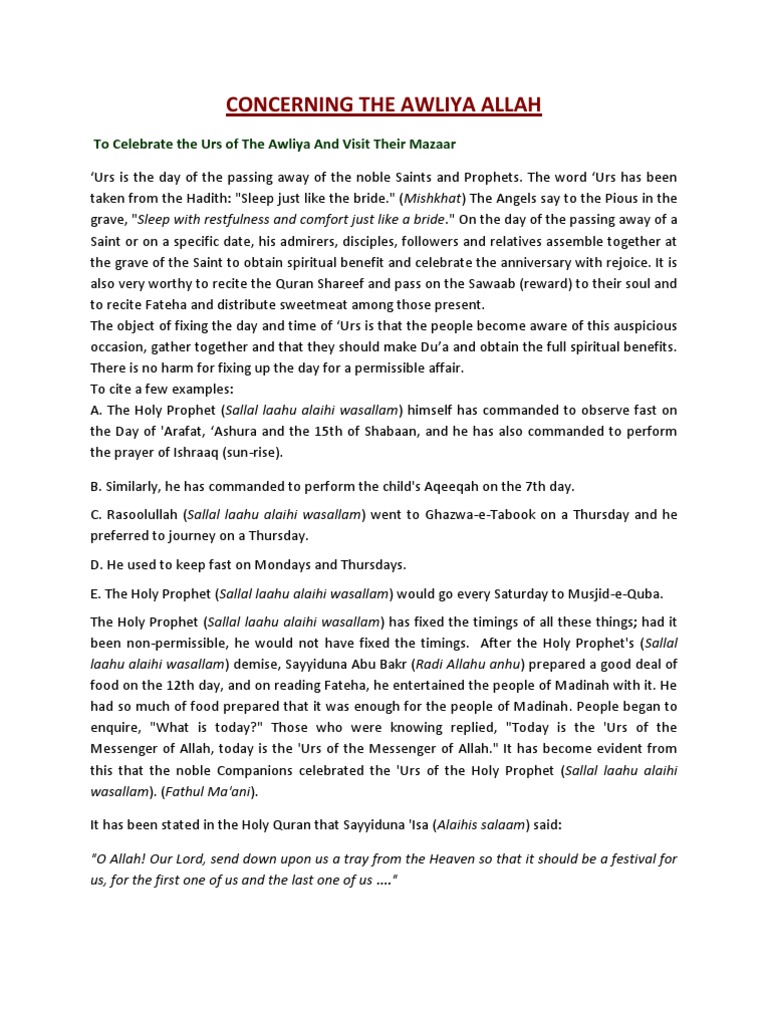 Aqaid Concerning The Awliya Allah | PDF | Hadith | Semitic Words And ...