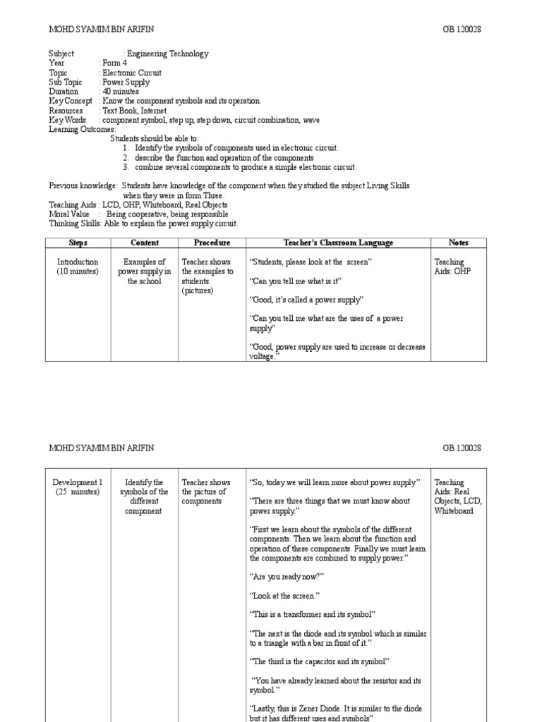 Lesson Plan - Power Supply | PDF | Lesson Plan | Electrical Engineering