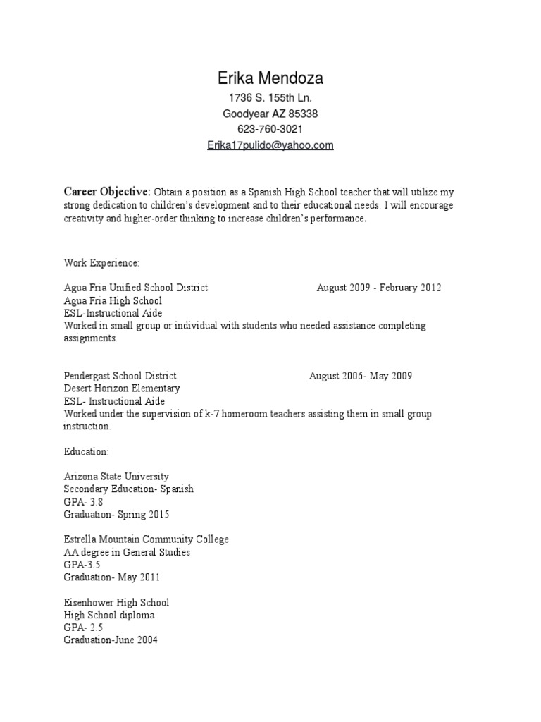 Spanish Teacher Resume - Erika Mendoza | PDF