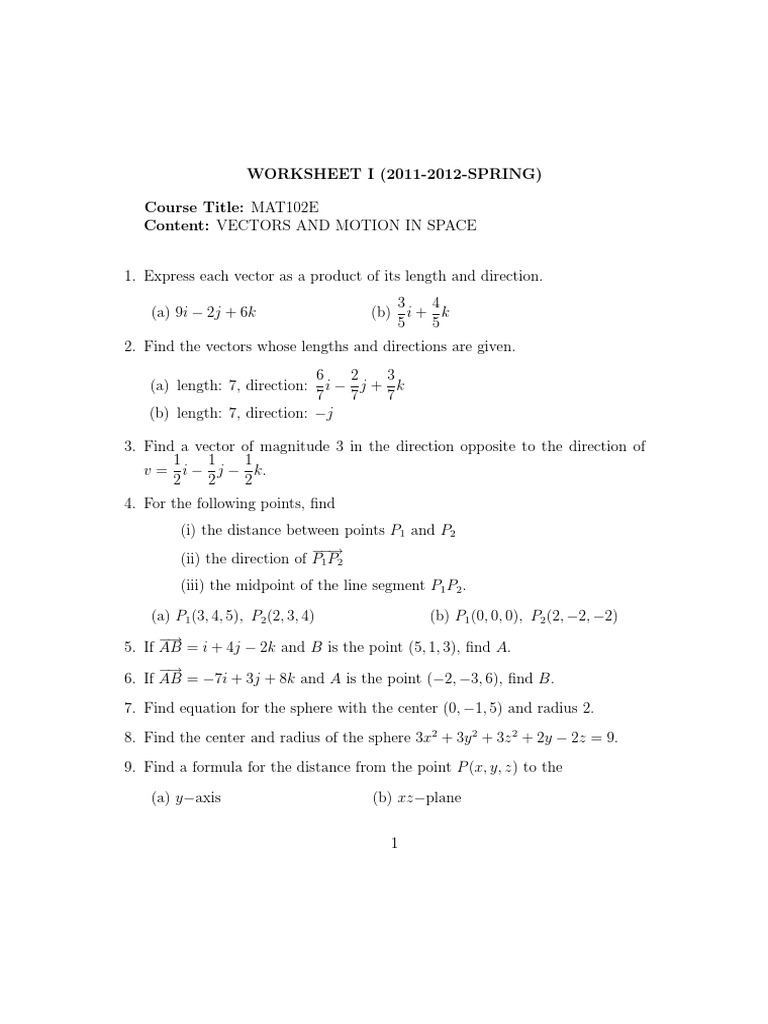 Worksheet Vectors 2012spring | PDF | Plane (Geometry) | Euclidean Vector