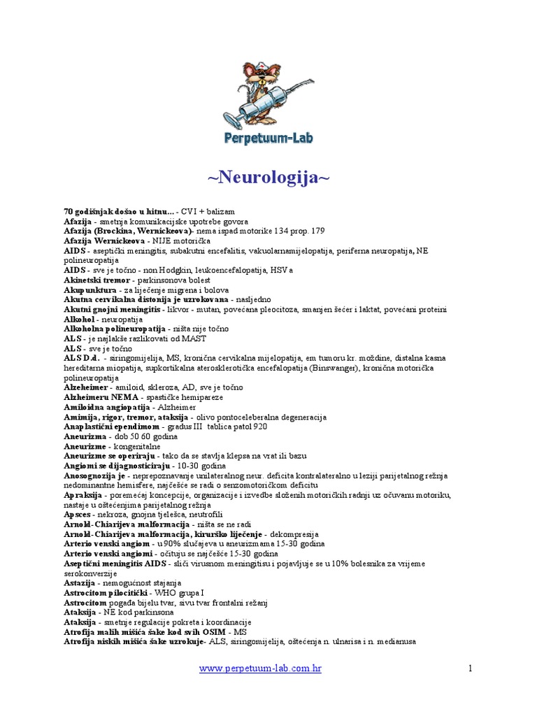 Neurologija Bilješke | PDF