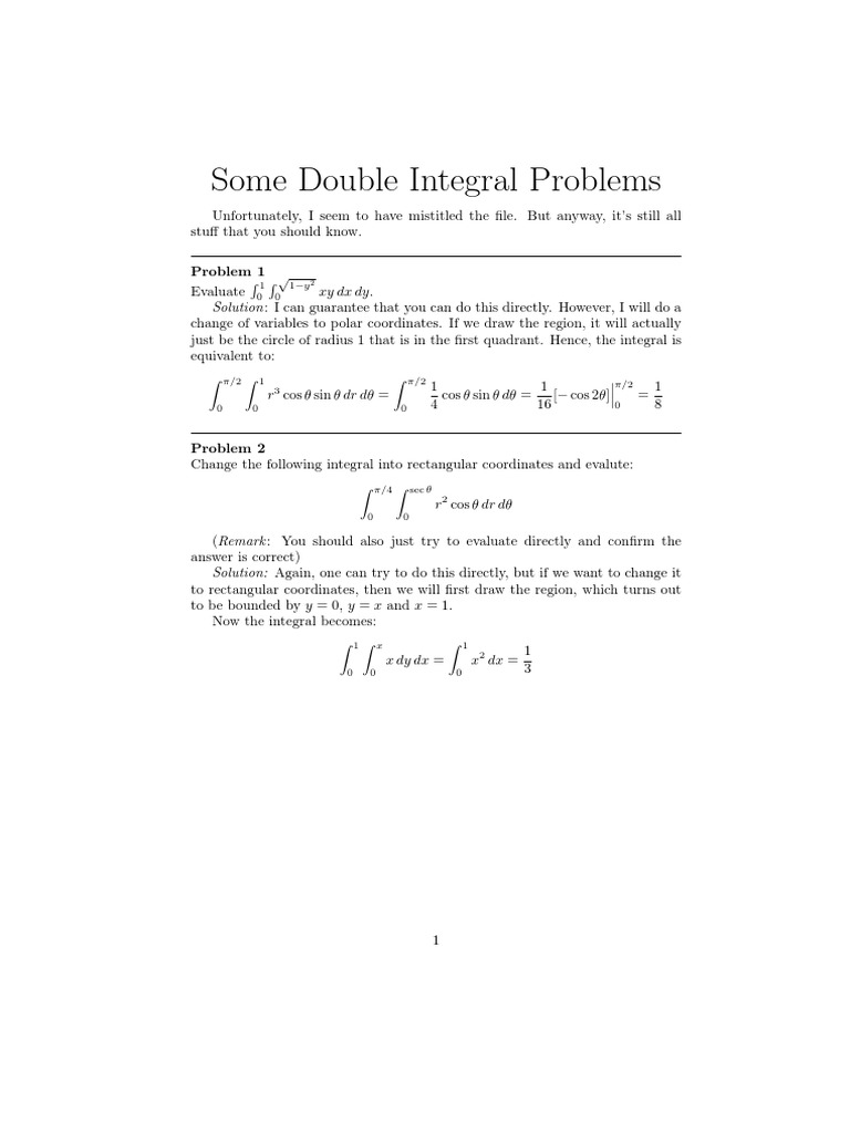 Double Integral Problem Solutions | PDF | Trigonometric Functions | Sphere