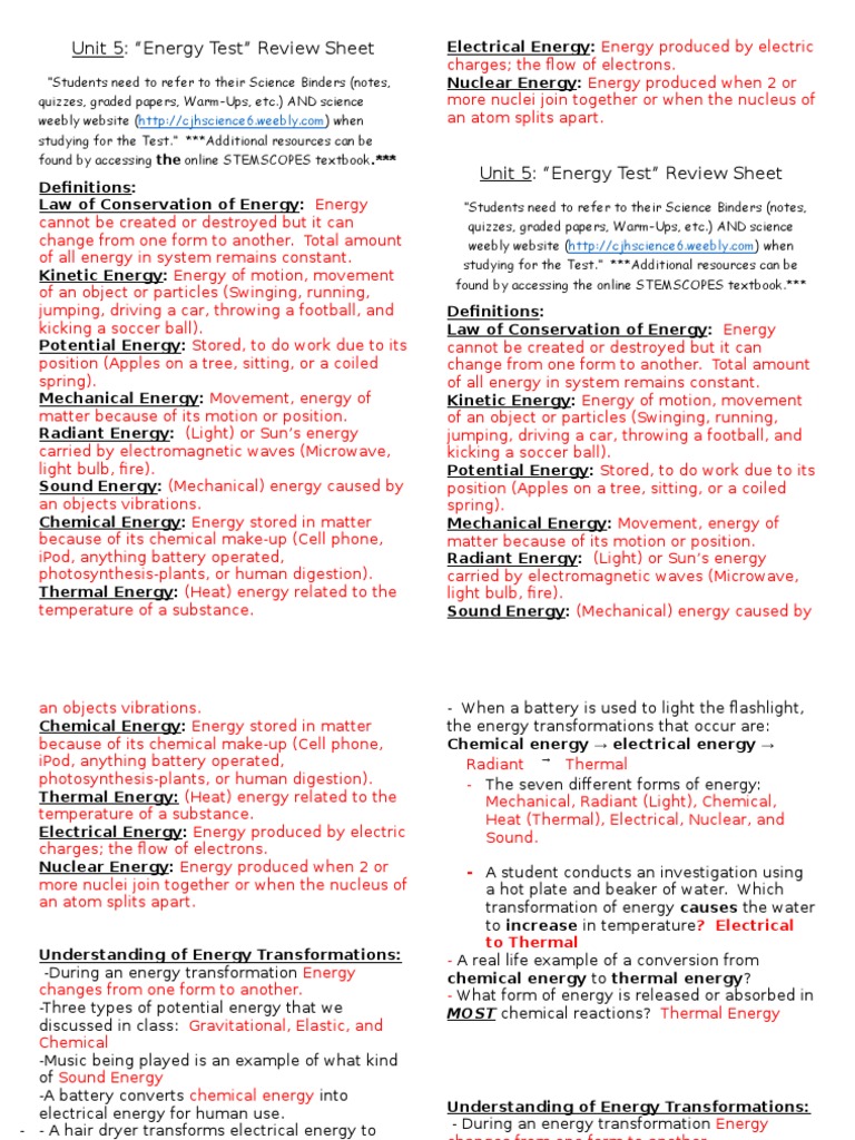 Energy Test Review: Key Concepts | PDF | Matter | Potential Energy