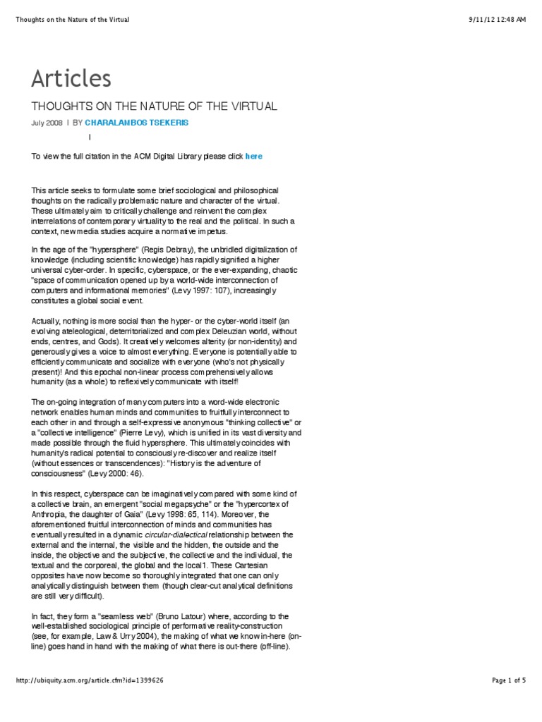 Thoughts On The Nature of The Virtual | PDF | Sociology | Cyberspace