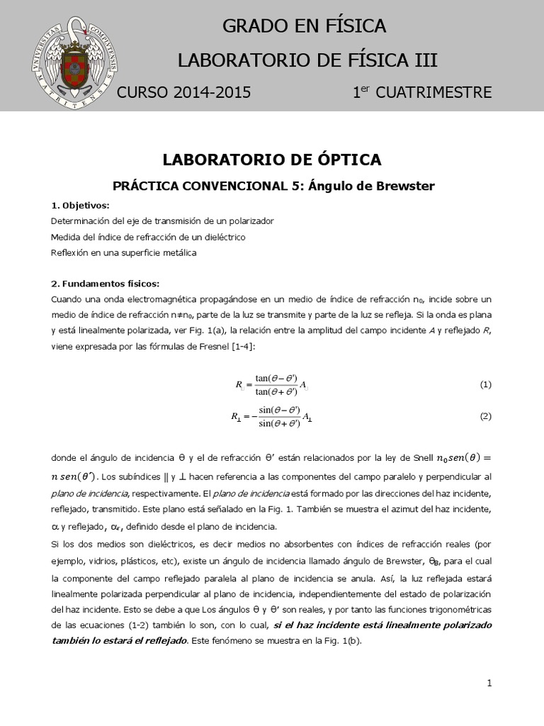 Ángulo de Brewster | PDF | Polarización (ondas) | Reflexión (Física)