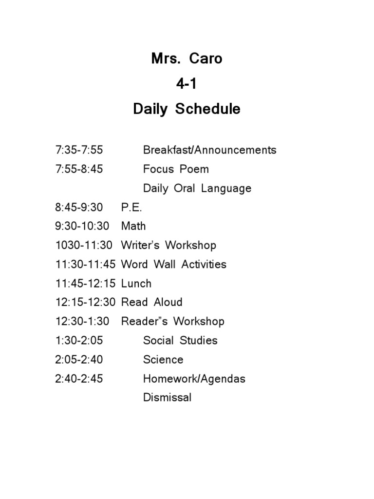 Mrs. Caro's Daily Class Schedule | PDF