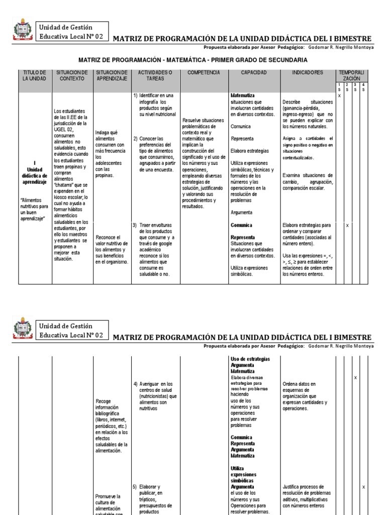 Matriz de Programacion Anual 1ro. Matematica -Secundaria | Comportamiento | Número racional