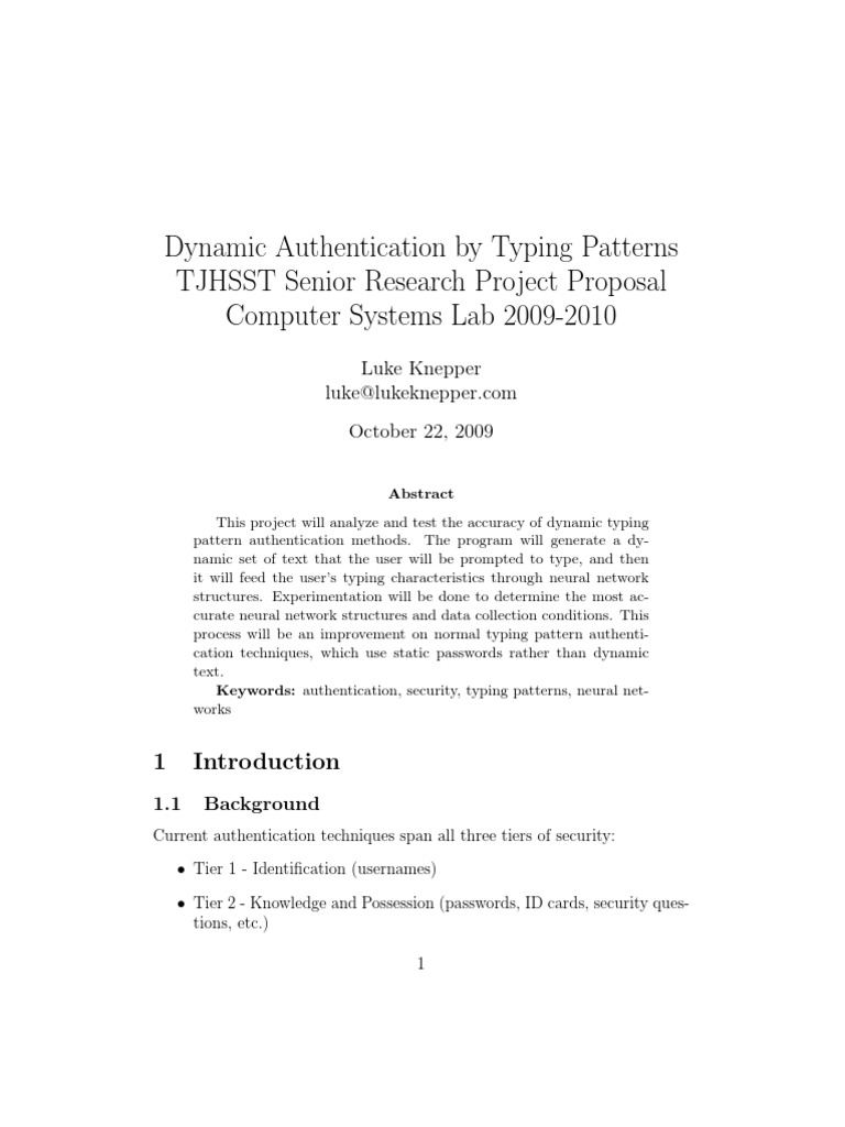 Dynamic Authentication By Typing Patterns Tjhsst Senior Research Project Proposal Computer