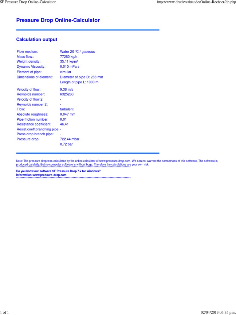SF Pressure Drop Online Calculator | PDF | Technology & Engineering