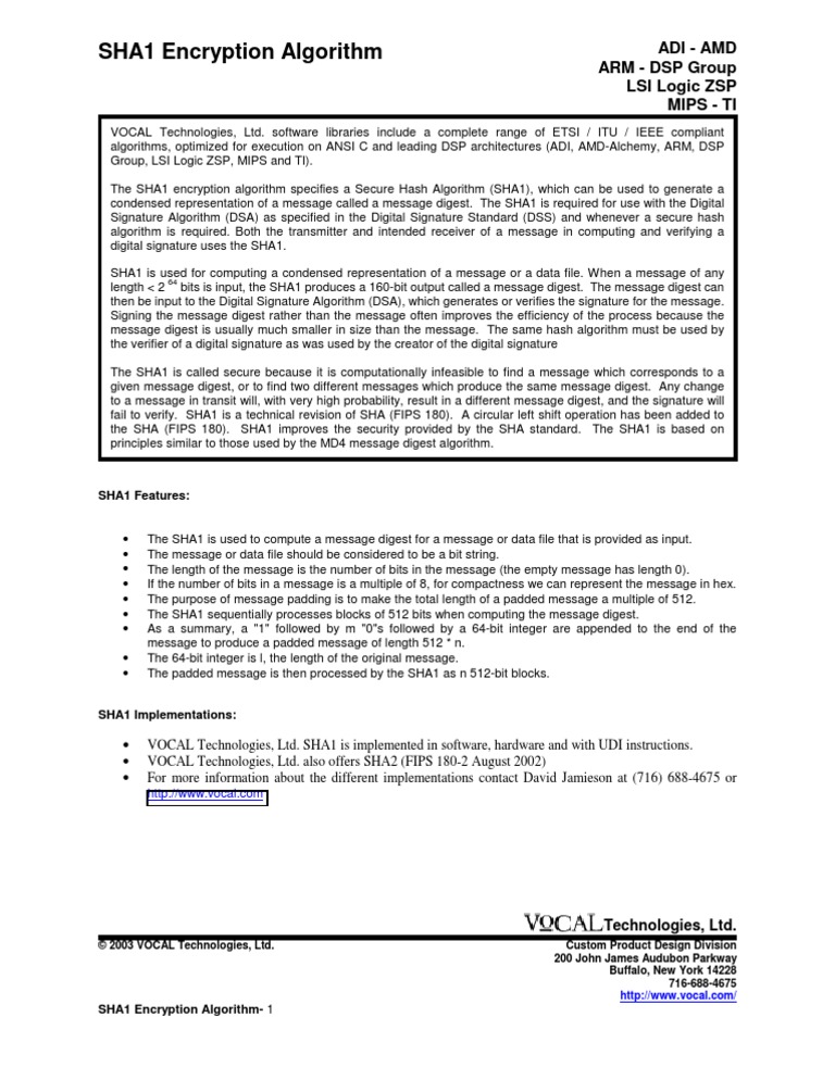 SHA1 Encryption Algorithm: Adi - Amd ARM - DSP Group Lsi Logic ZSP Mips ...