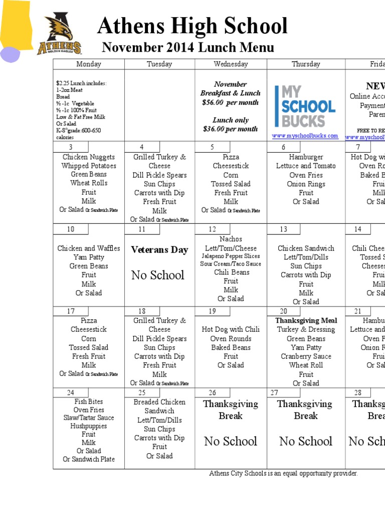 Athens High School November Lunch Menu | PDF