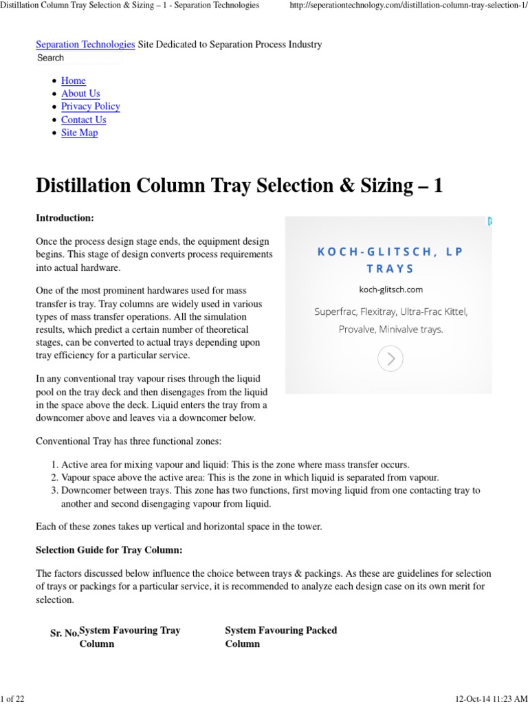 Distillation Column Tray Selection & Sizing - 1 - Separation ...