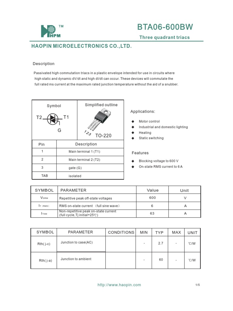 Triac - Bta06-600bw | PDF | Electric Power | Components