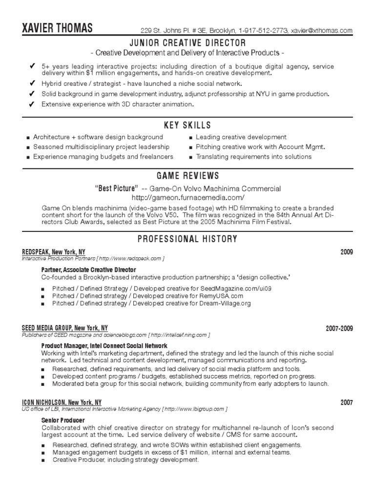 Junior Creative Director Profile: Xavier Thomas | PDF | Filmmaking ...