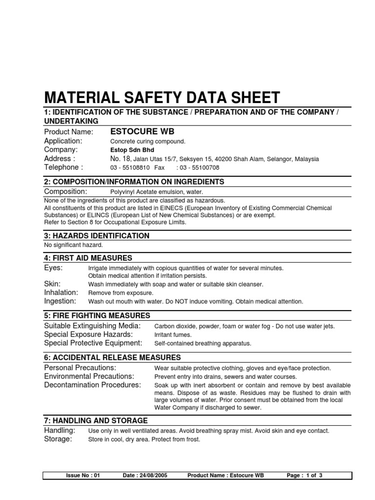 MSDS for Concrete Curing Compound Estocure WB | PDF | Safety | Chemistry