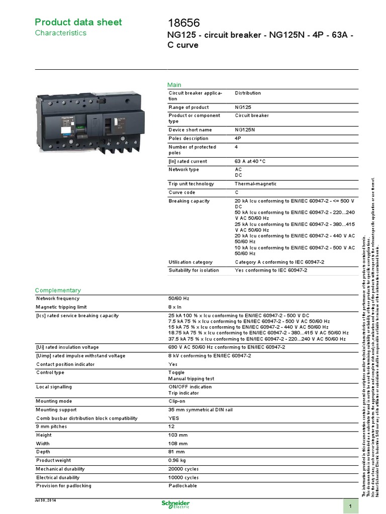 Product Data Sheet: NG125 - Circuit Breaker - NG125N - 4P - 63A - C ...