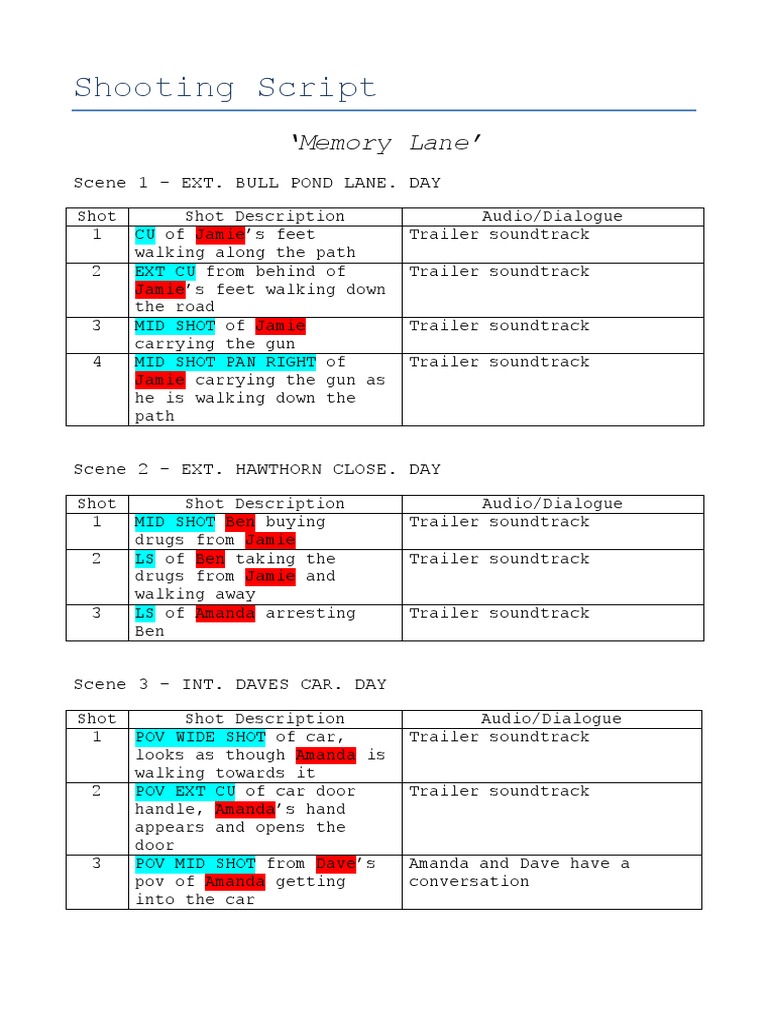 Shooting Script: Memory Lane' | PDF | Leisure
