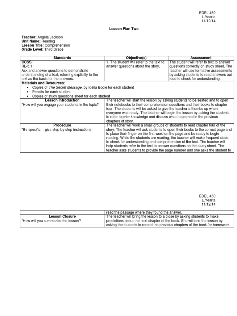 Grade 3 Reading Comprehension Plan | PDF