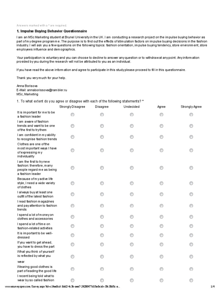 Impulse Buying Behavior Questionnaire - Survey Powered by ESurveysPro ...
