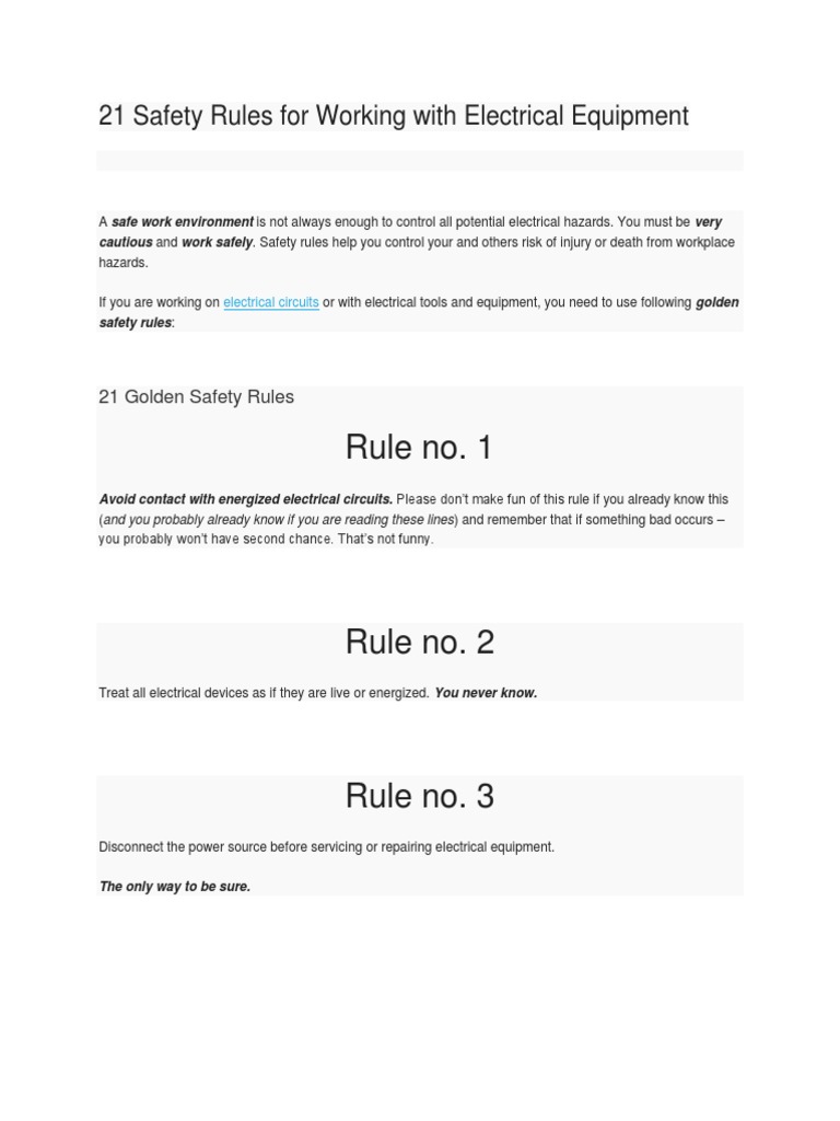 21 Safety Rules For Working With Electrical Equipment | PDF ...