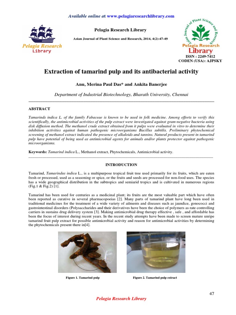 Extraction of Tamarind Pulp and Its Antibacterial Activity: Pelagia ...