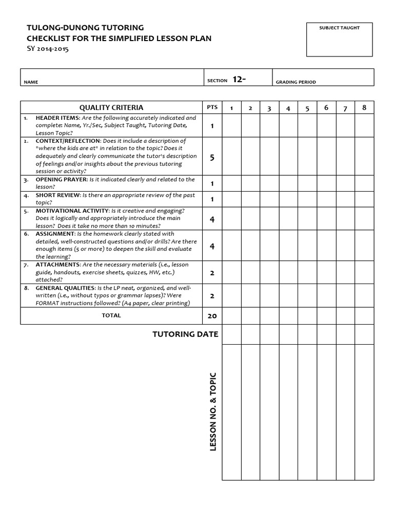 Tutoring Lesson Plan Checklist | PDF | Career & Growth | Language Arts ...