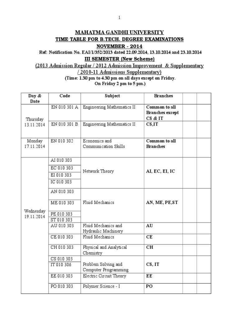 B.Tech Exam Timetable November 2014 | PDF | Integrated Circuit ...