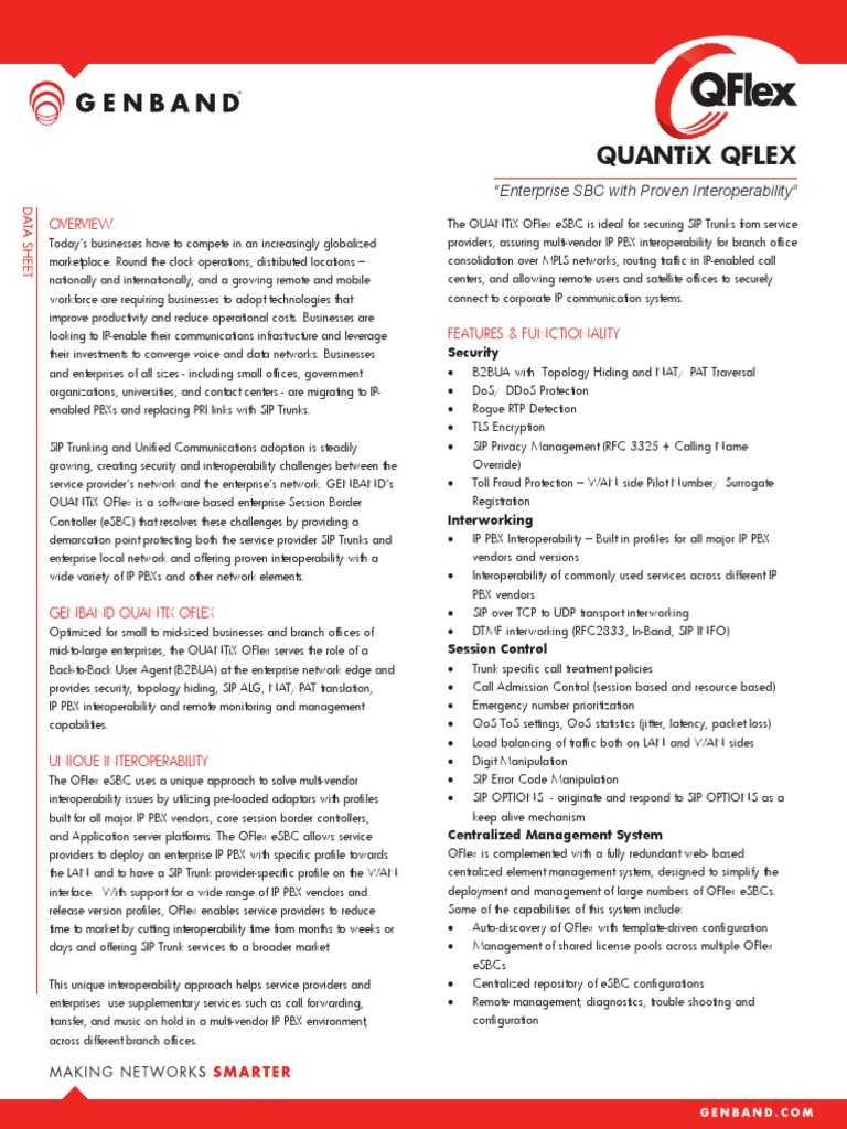 GENBAND Qflex Datasheet | PDF | Session Initiation Protocol | Internet Protocols
