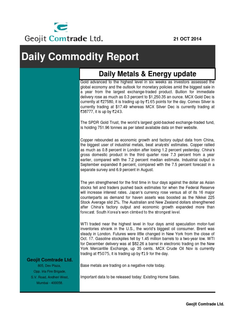 Daily Commodity Report: Daily Metals & Energy Update | PDF | Commodity ...