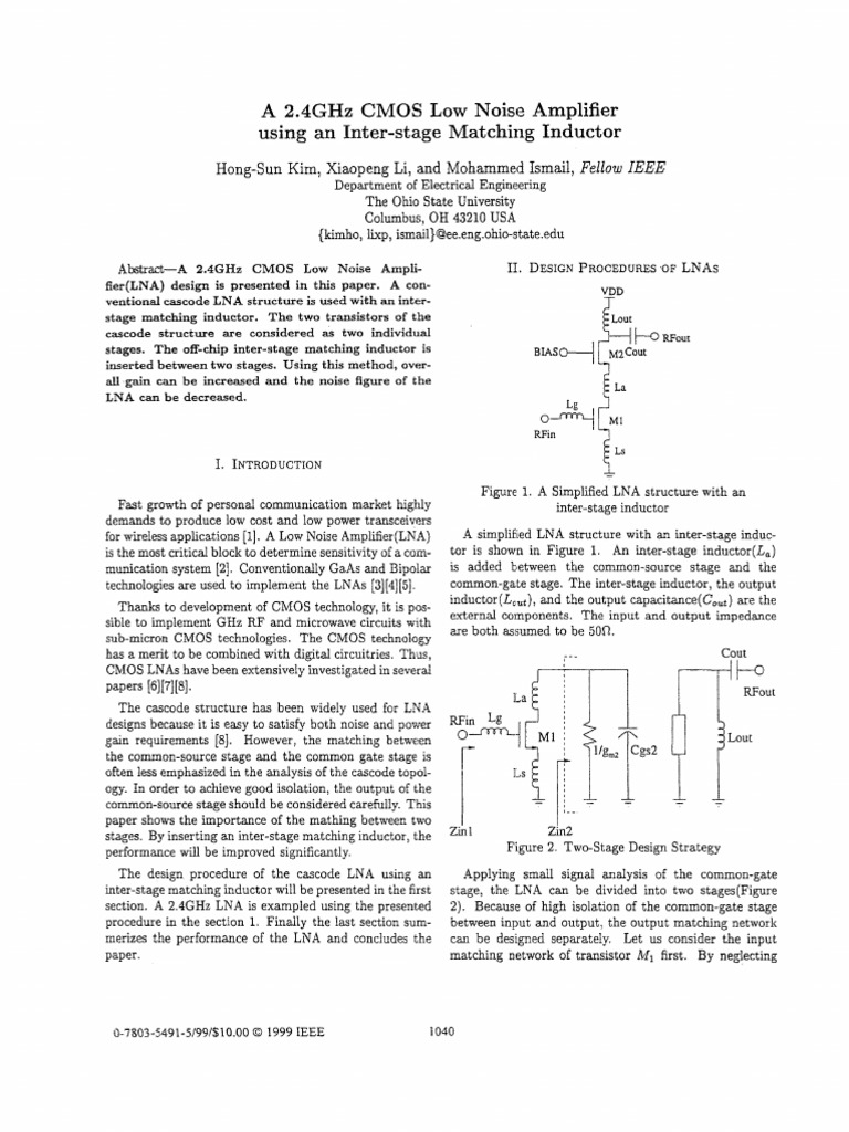 A 2.4 GHZ CMOS Low Noise Amplifier Using An Inter-Stage Matching Inductor | PDF | Field Effect ...