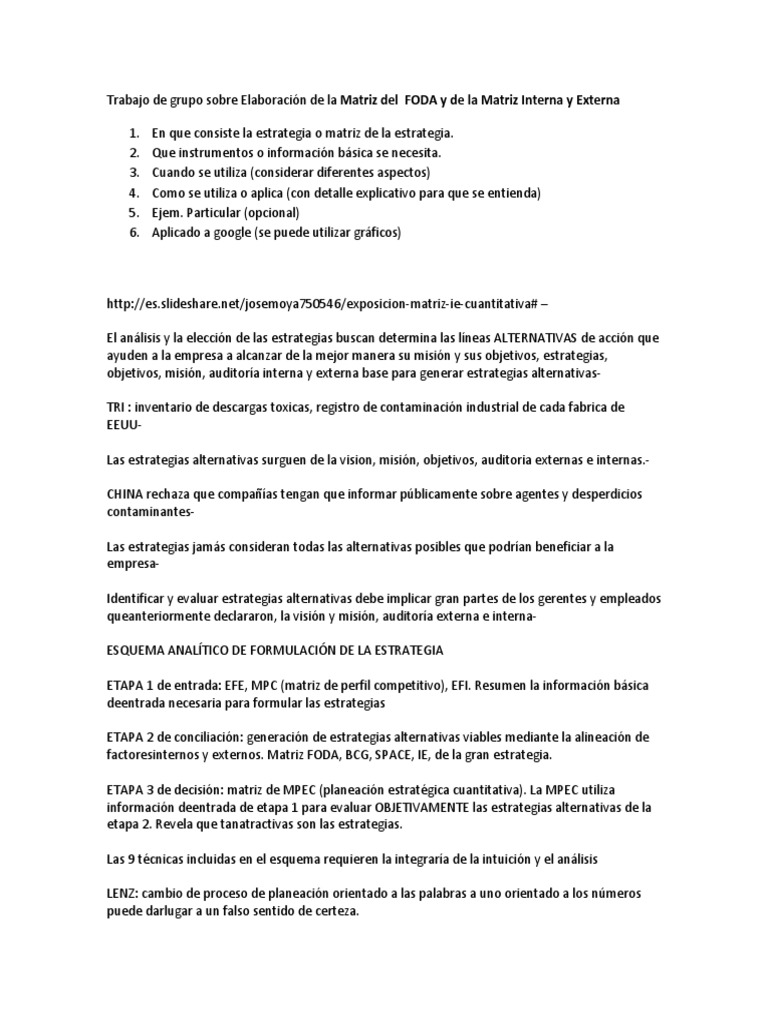 Elaboración de La Matriz Del FODA y de La Matriz Interna y Externa ...